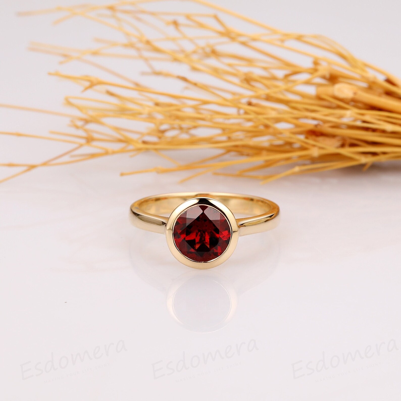 Bezel Set Garnet Ring, Round Cut 1.5CT Natural Red Garnet Wedding Ring ...
