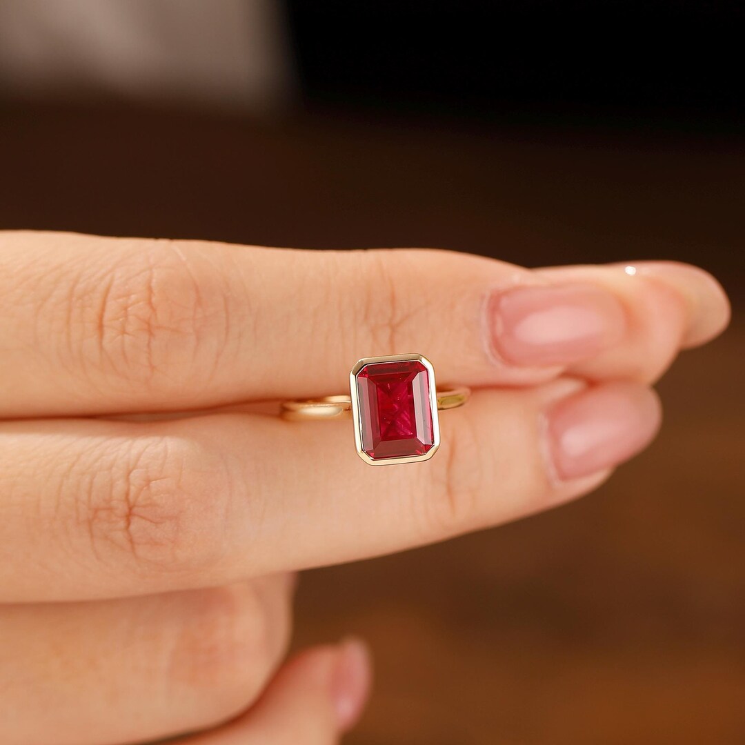 Emerald Cut Lab Created Ruby Engagement Ring, Solitaire Red Gemstone ...