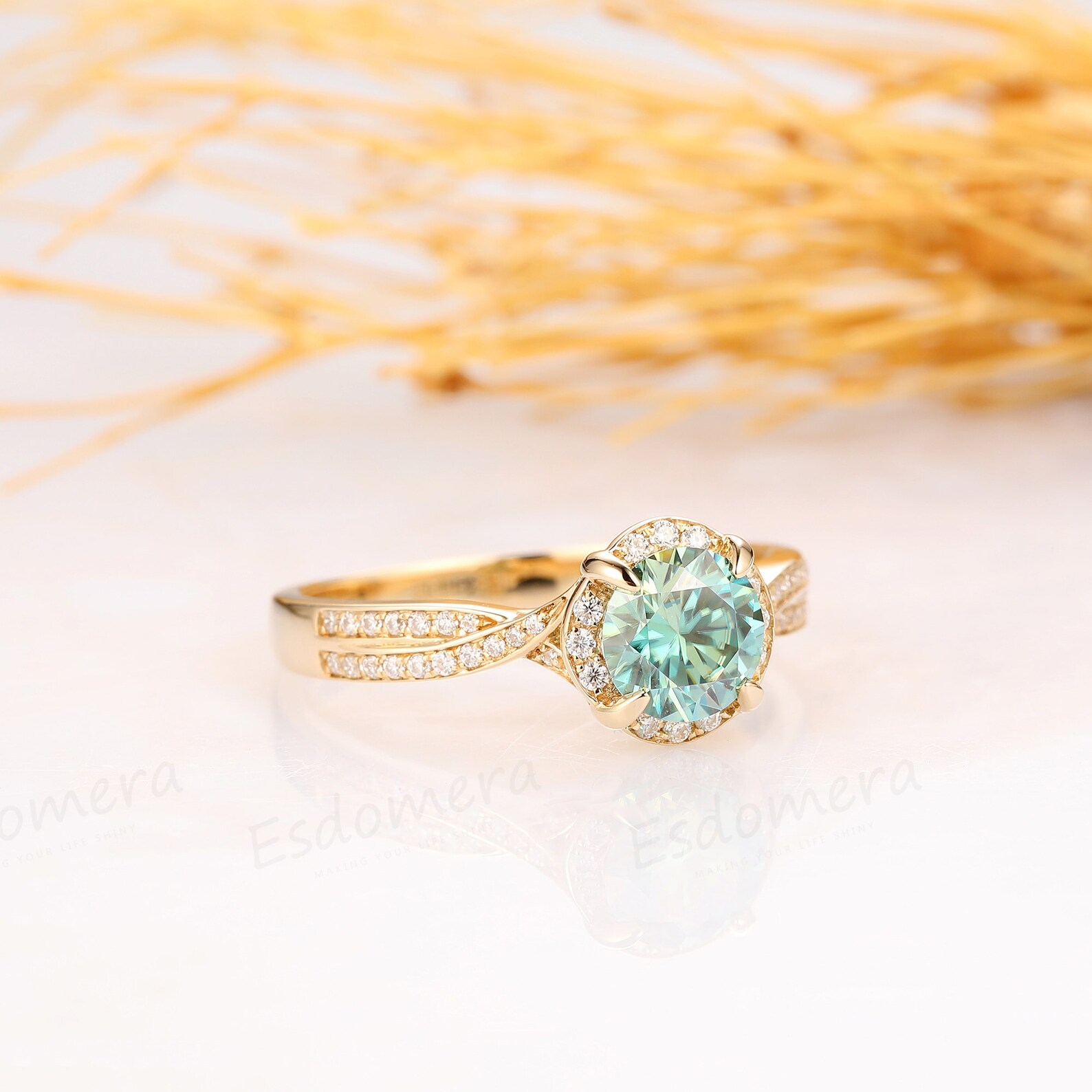 Blue Moissanite Ring Halo Moissanite Engagement Ring Round - Etsy