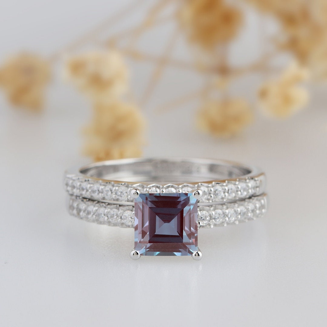 Alexandrite Bridal Set, Asscher Cut 1.5CT Alexandrite Engagement Ring ...