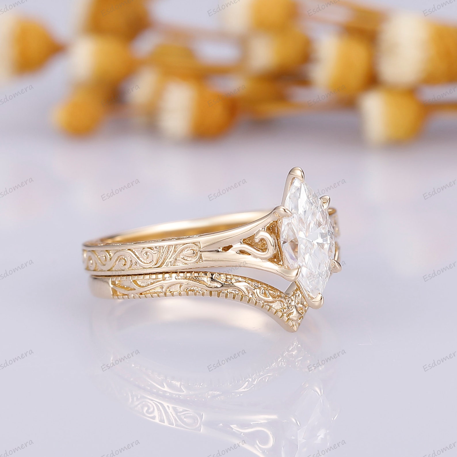 Flat Wings Marquise Cut 1CT Moissanite Engagement Ring Set, Art Deco ...