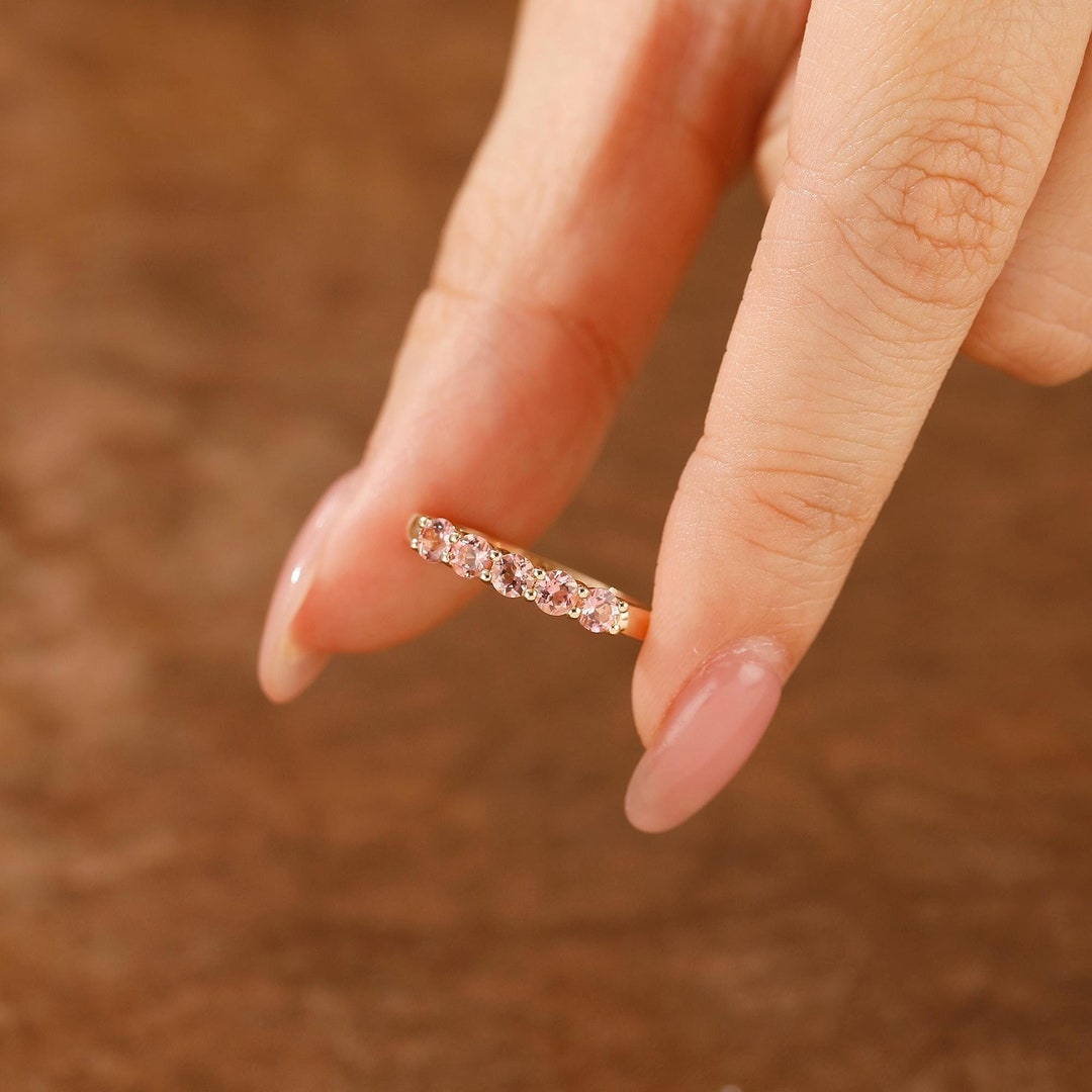 Round Cut Natural Pink Tourmaline Wedding Ring, 5 Stone Wedding Band ...