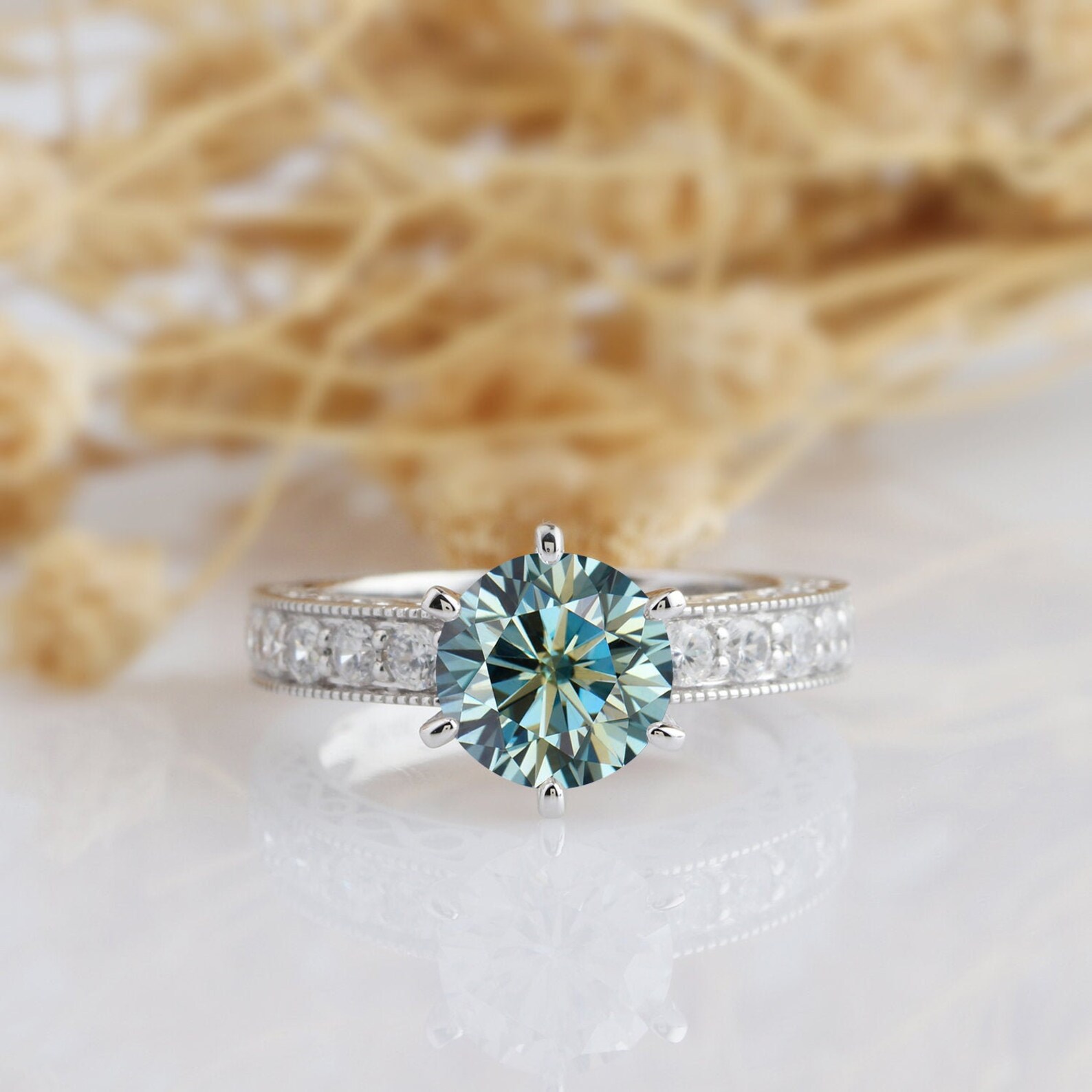 Blue Moissanite Vintage Ring Round Cut 2CT Blue Moissanite - Etsy