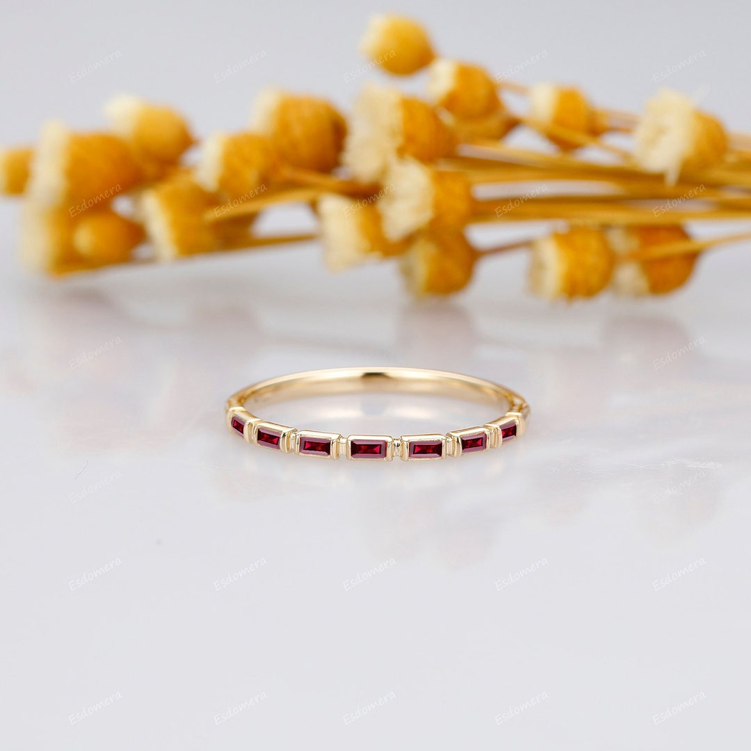 Handmade Dainty Ruby Band Ring, Baguette Ruby Ring Solid Gold ...