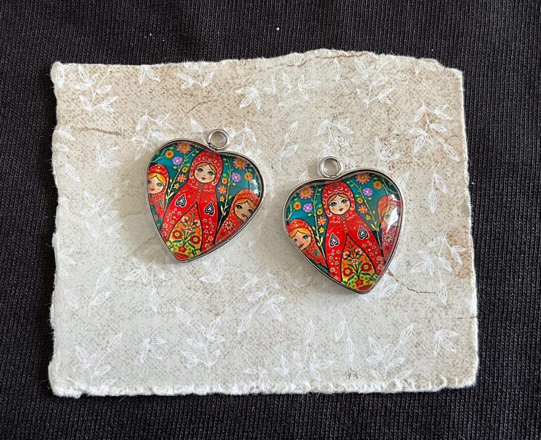 Charms Heart Shaped Matryoshka Doll Inside Glass Cabochon Jewellery ...