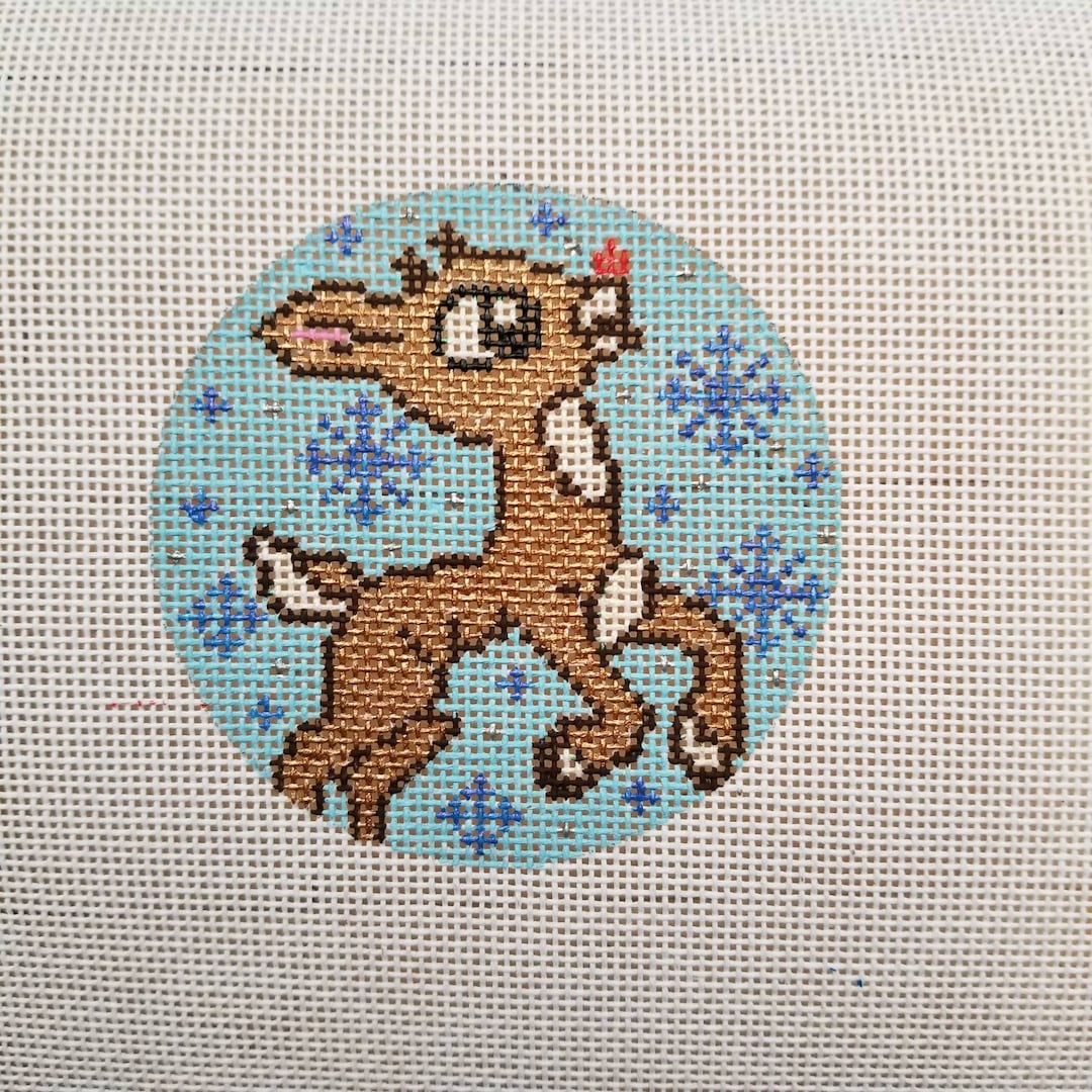 Hand Painted Needlepoint Canvas 3" Round Ornament Rudolph Red Nose ...