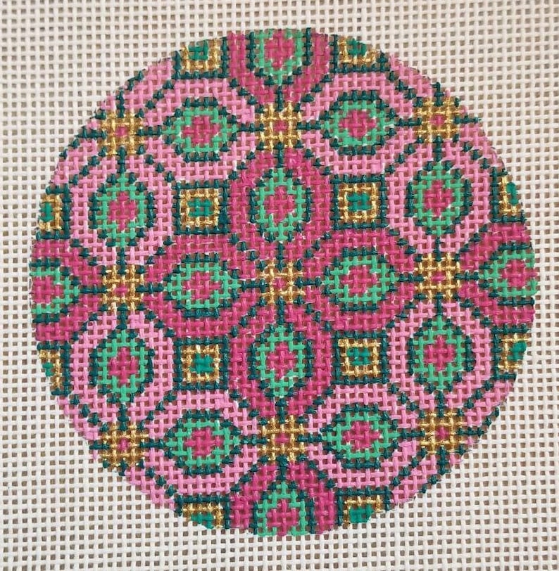 Hand Painted Needlepoint Canvas ' Round Ornament Bargello Modern ...