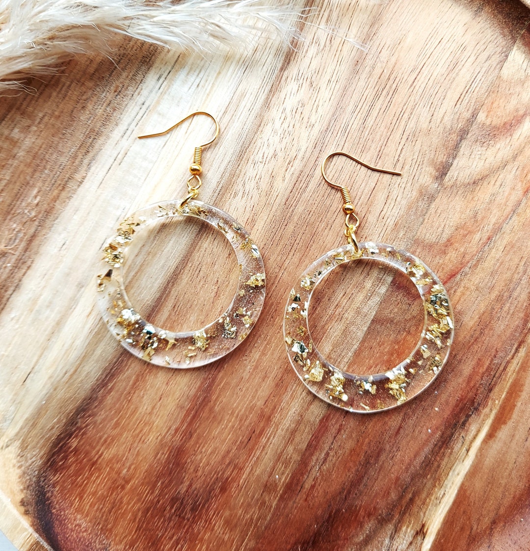 Resin Hoop Earrings: Gold Foil Flakes, Mid-century Glamour - Etsy