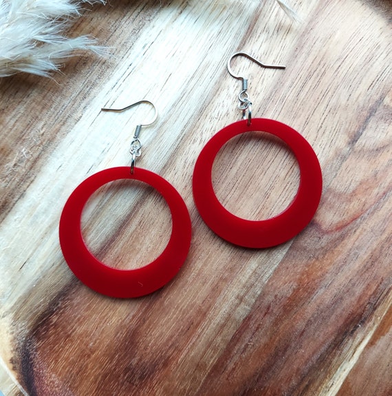 Berry Red Drop Hoop Earrings 50s 60s Inspired Rockabilly and Pin up Jewellery Handmade Resin Earrings by Rosiemays Etsy