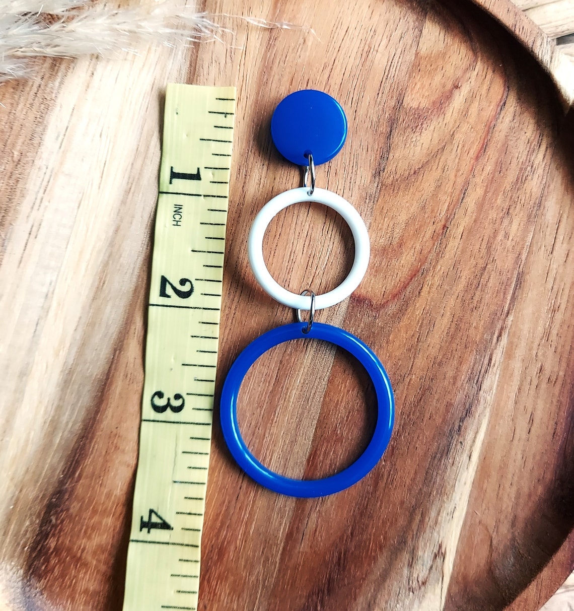 60s Style Double Hoops Handmade in Blue and White Resin, Chain Drop ...