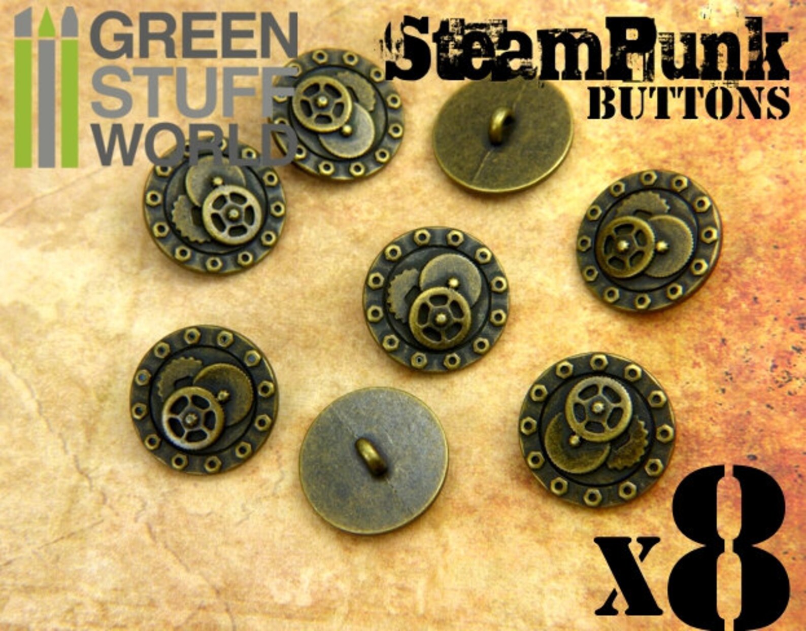 8x Steampunk Buttons BOLTS & GEARS - Bronze - 20mm - Metal Shank Button ...