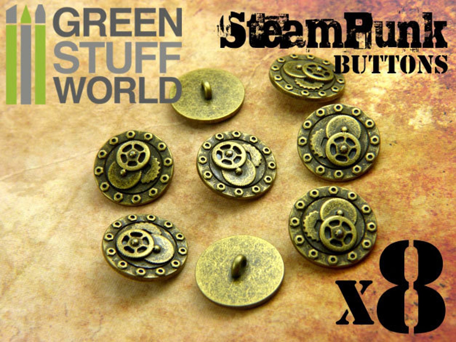 8x Steampunk Buttons BOLTS & GEARS - Antique Gold - 20mm - Metal Shank ...
