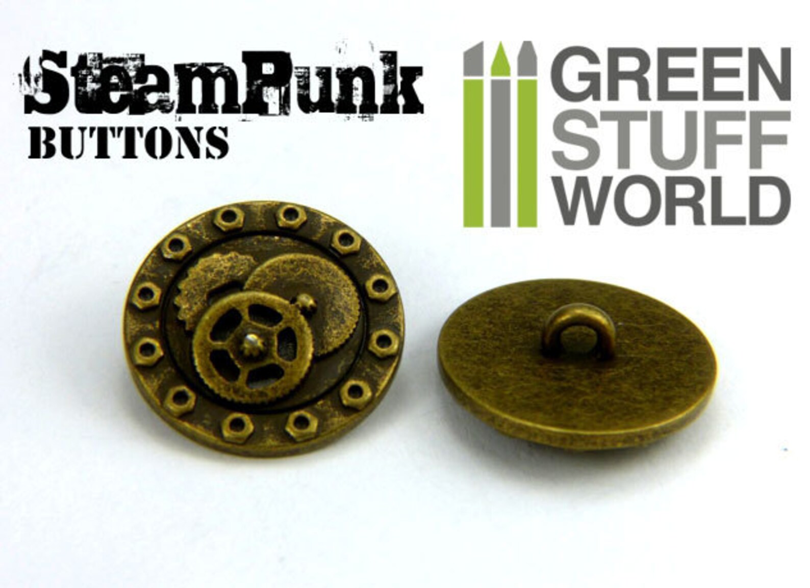 8x Steampunk Buttons BOLTS & GEARS - Antique Gold - 20mm - Metal Shank ...