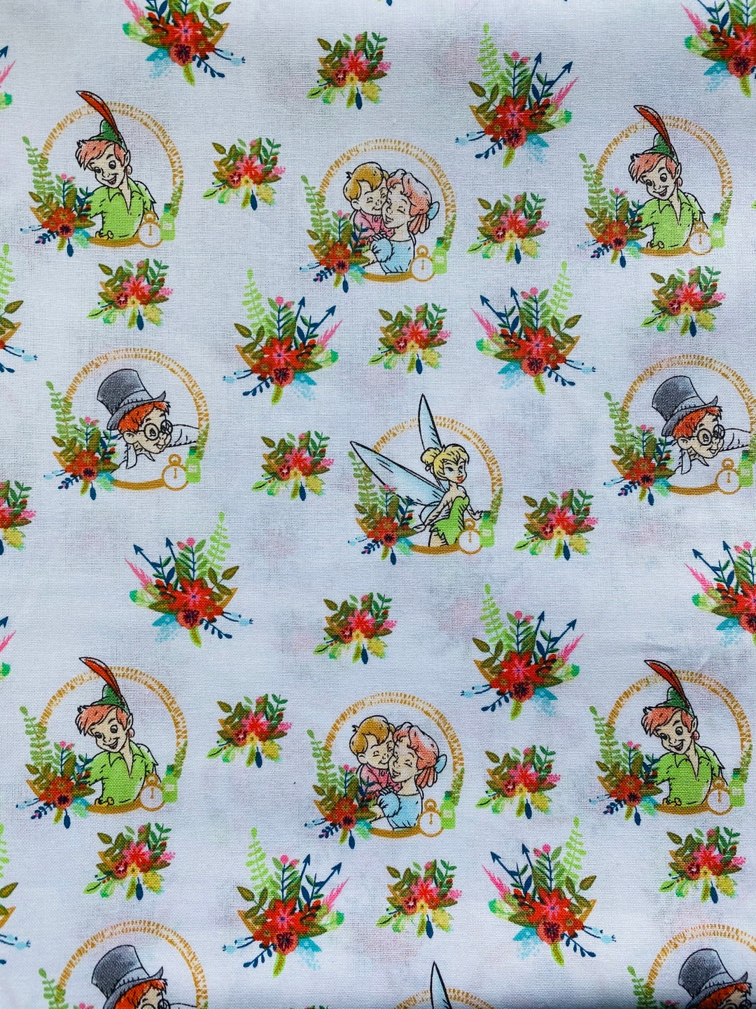 100% Cotton Disney Peter Pan Floral Badges Mask Quilting Fabric Michael ...