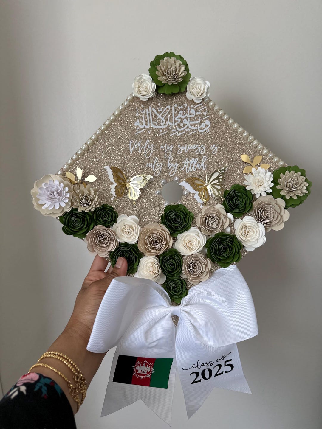 Floral Graduation Cap Topper: Custom Bow, Paper Flowers, Pearl Border ...