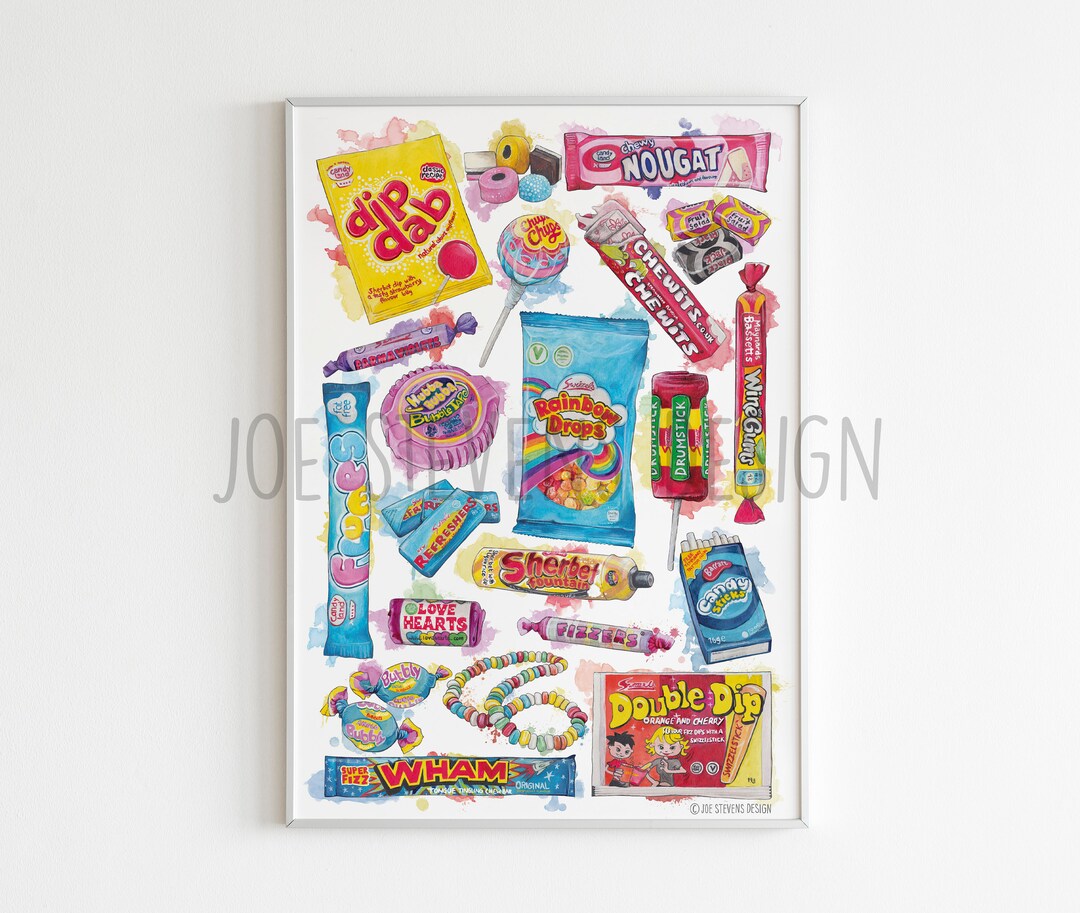 Retro Sweets Watercolour Print: A3 Size, British Candy Art, Rainbow ...