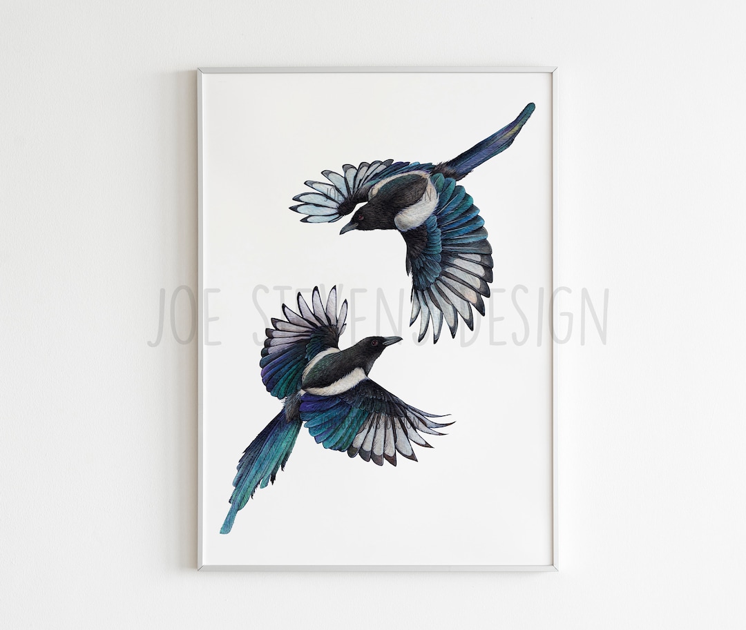 Flying Magpies - A3 Print, Two for Joy, British Garden Bird Print ...