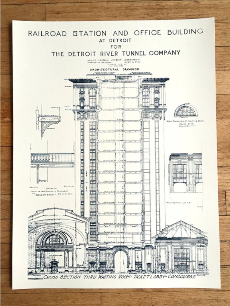 Detroit Train Station Vintage Blueprint Silkscreened Art Poster Print ...