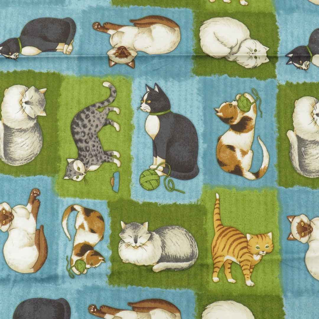 1.9 YD Debbie Mumm Cats Allover Fabric Blue Green Cotton - Etsy