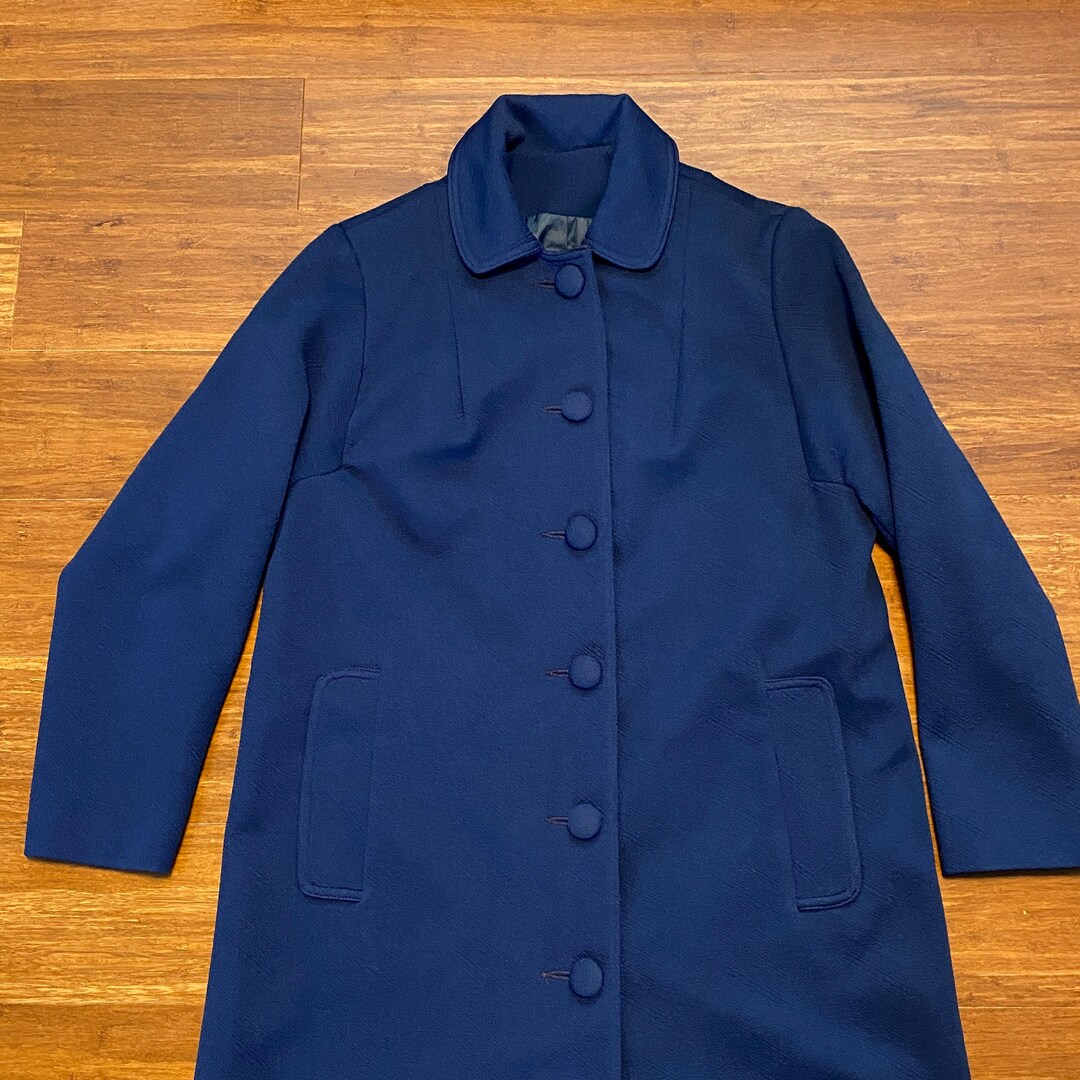 Womens 1970s Double Knit Polyester Overcoat Blue Crimplene Size Small ...
