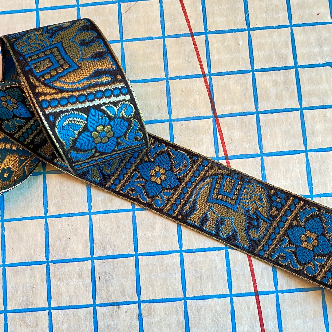 3 YD 1 5/8" Blue Gold Elephant Jacquard Ribbon Trim - Etsy