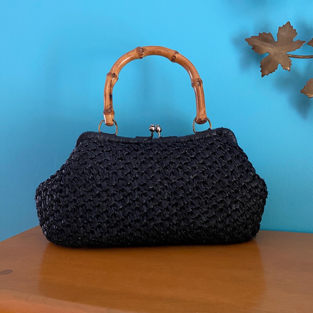 1950s Black Raffia Purse Bamboo Handle Pin Up - Etsy