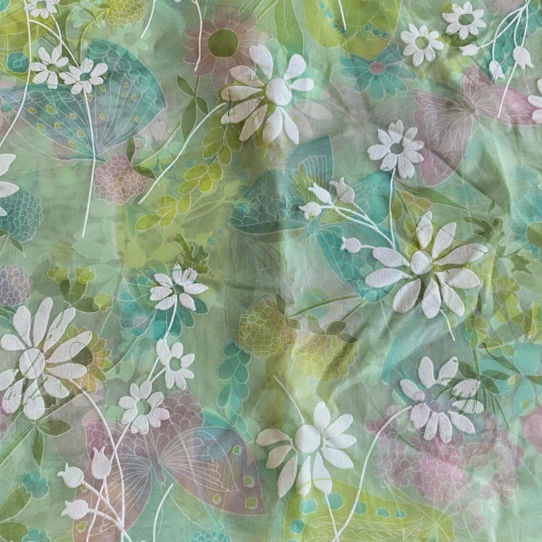 1 YD Vintage 1970s Sheer Flocked Floral Butterfly Fabric Green - Etsy