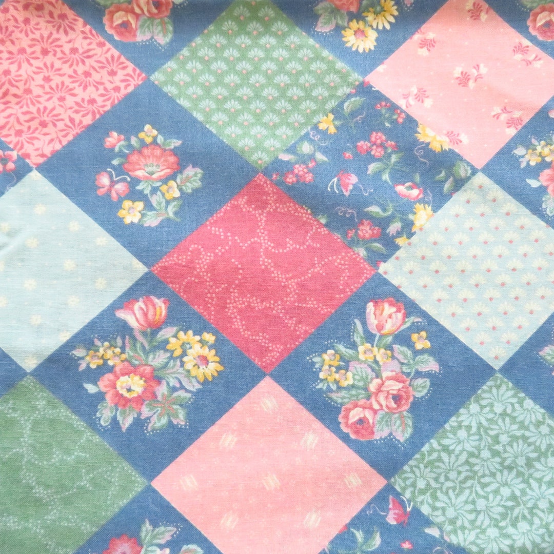 Vintage Springs Floral Diamond Fabric Blue Pink Cotton BTY - Etsy