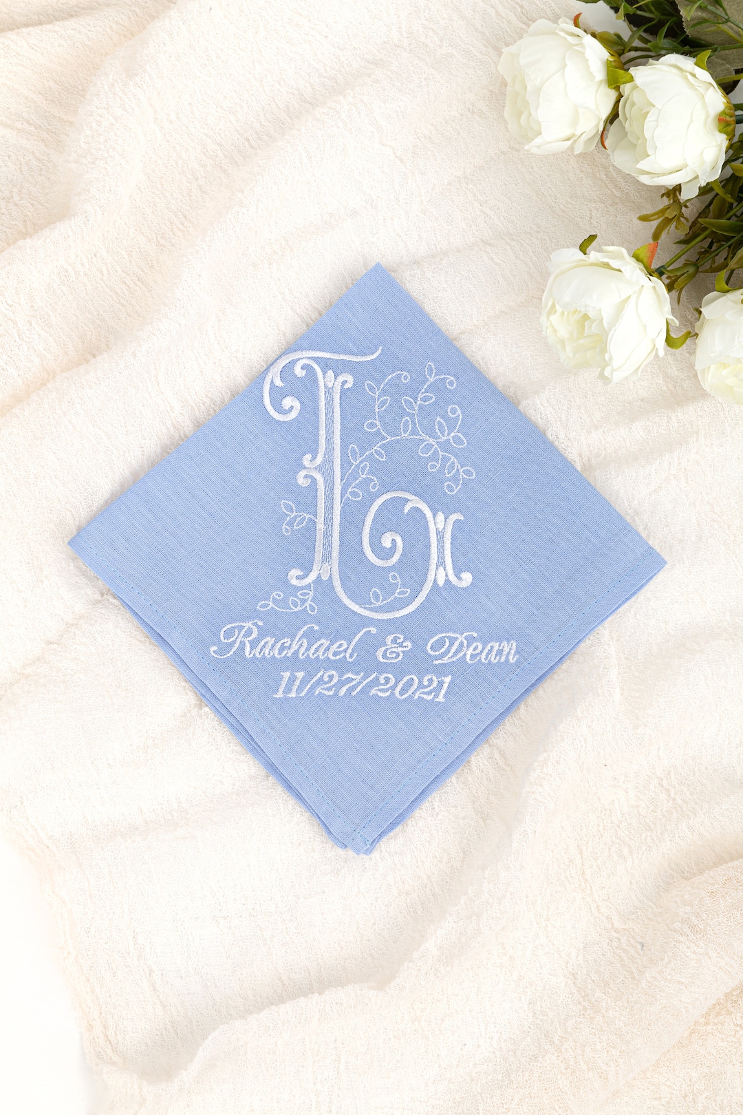 Embroidered Handkerchief, Something Blue for Bride , Monogram ...