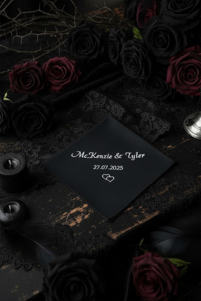 Black Wedding Handkerchief With Custom Embroidery – Gothic Wedding Gift ...