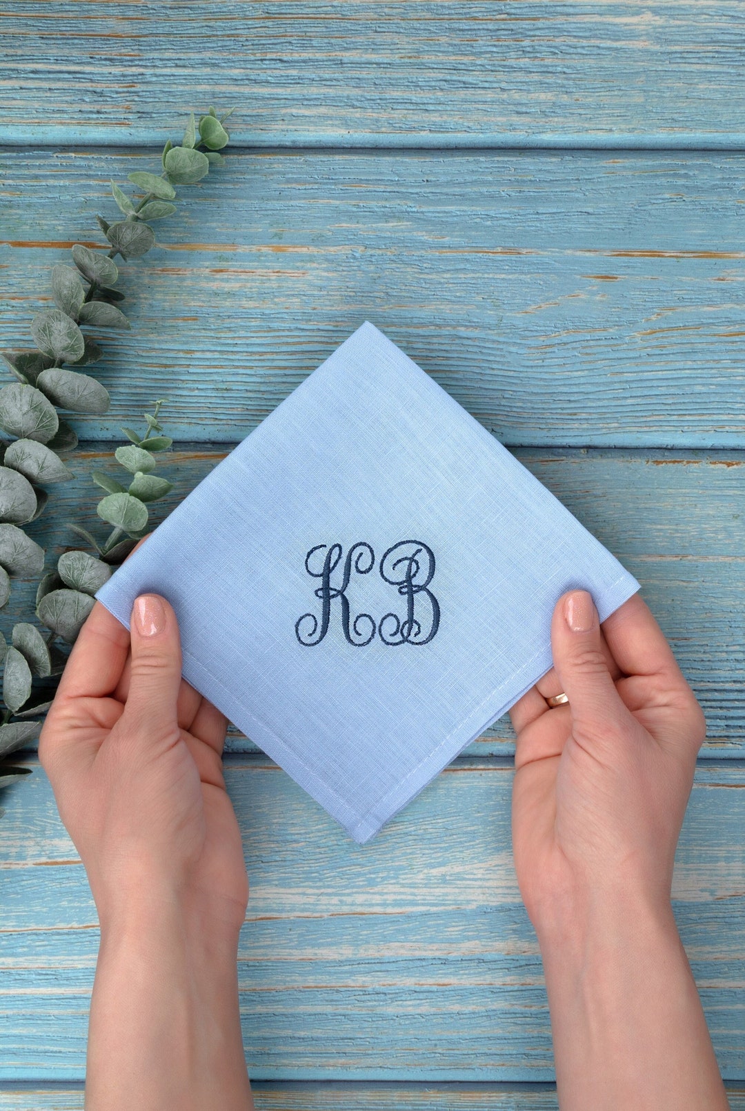 Monogrammed Linen Handkerchief Embroidered - Something Blue for Bride ...