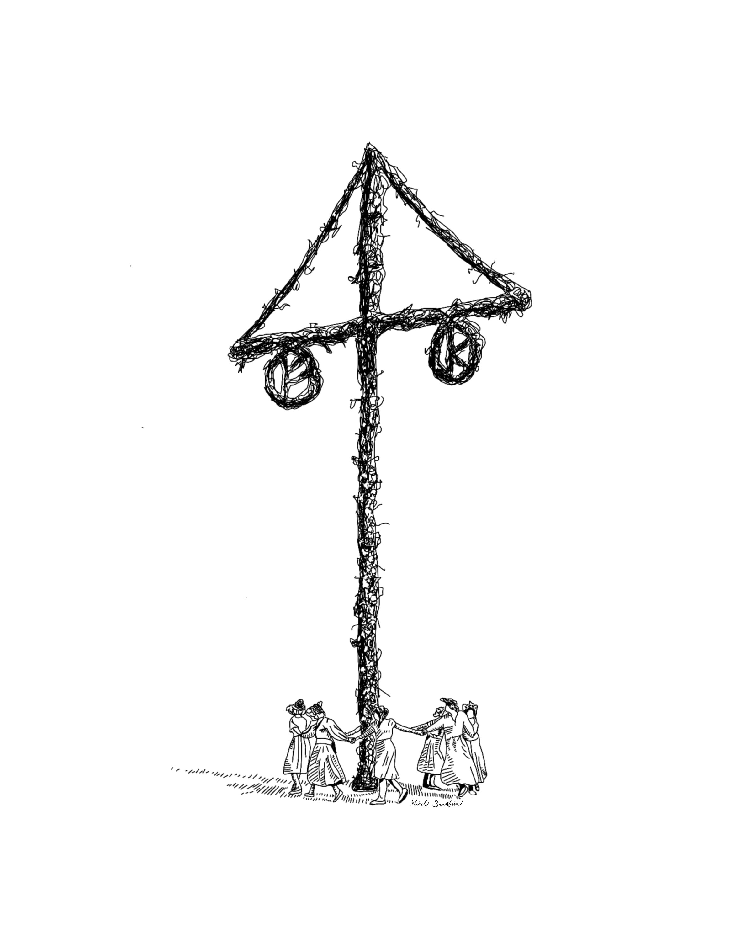 Midsommar Maypole Dance Illustration, Art Print, Laptop Poster (Und)