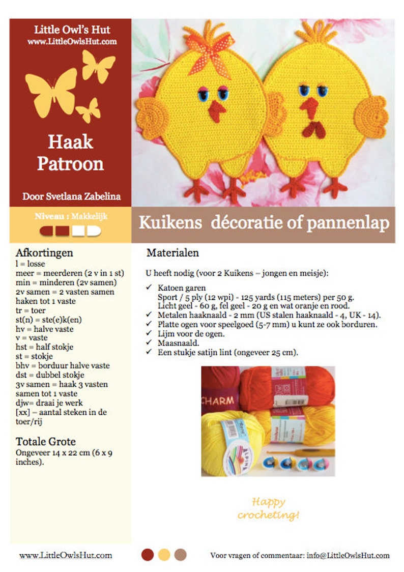 051NLY Haak Patroon - Kuikens decoratie, pannenlap of klein kussen ...