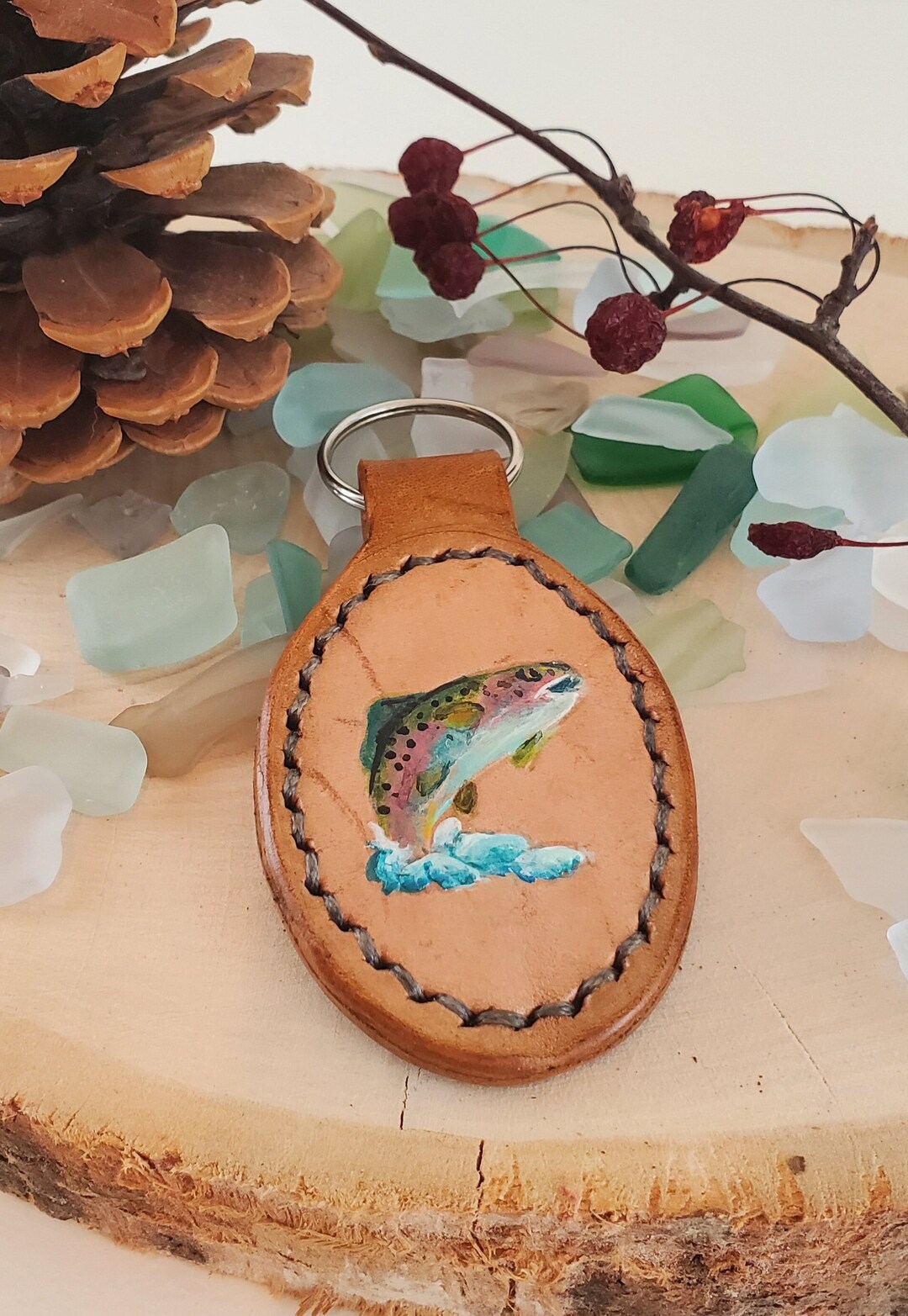 Keyring Stamped Painted Fish One Side Leather Stamp on Other Side ...