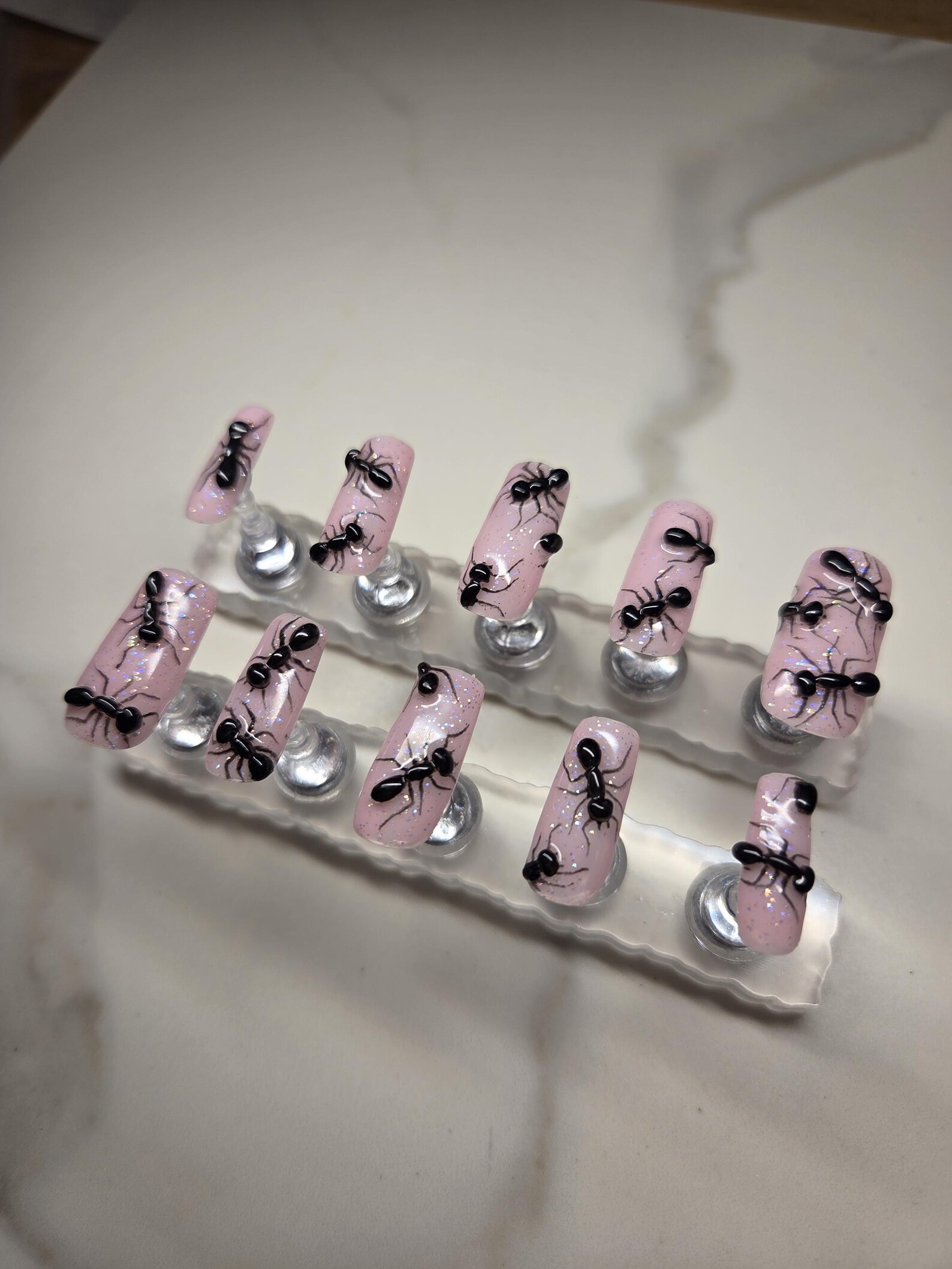 Ant Covered/ Realistic Bugs / Sparkly Pink Press on Nails - Hand ...