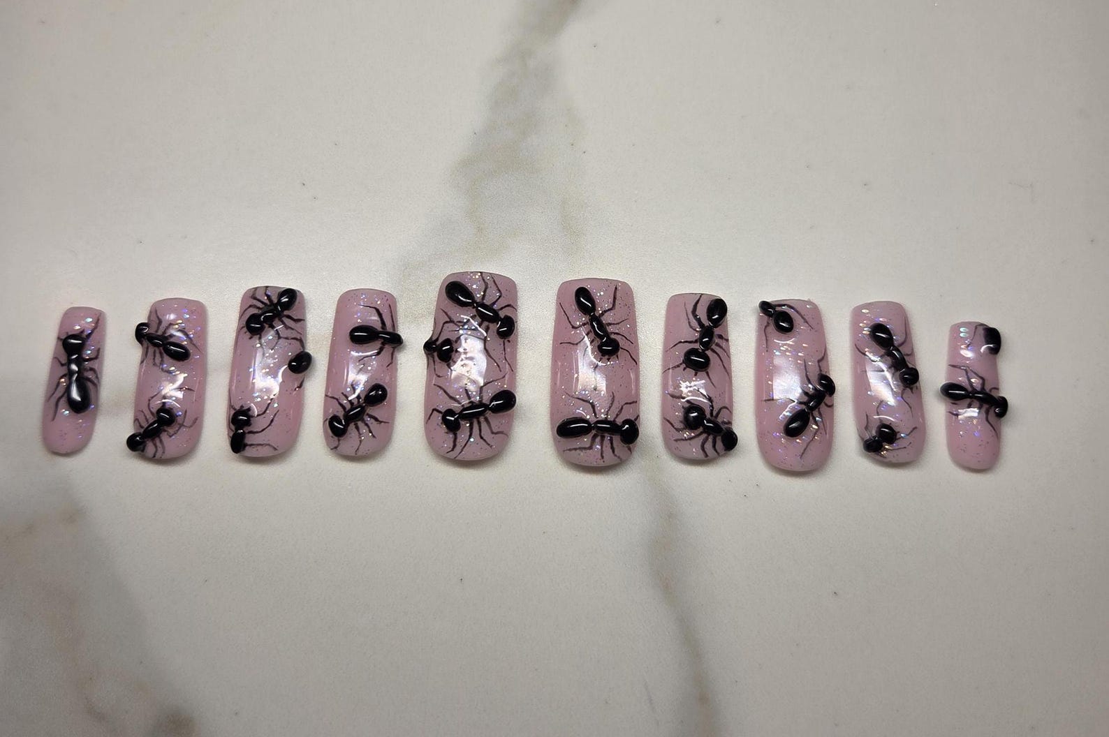 Ant Covered/ Realistic Bugs / Sparkly Pink Press on Nails - Hand ...