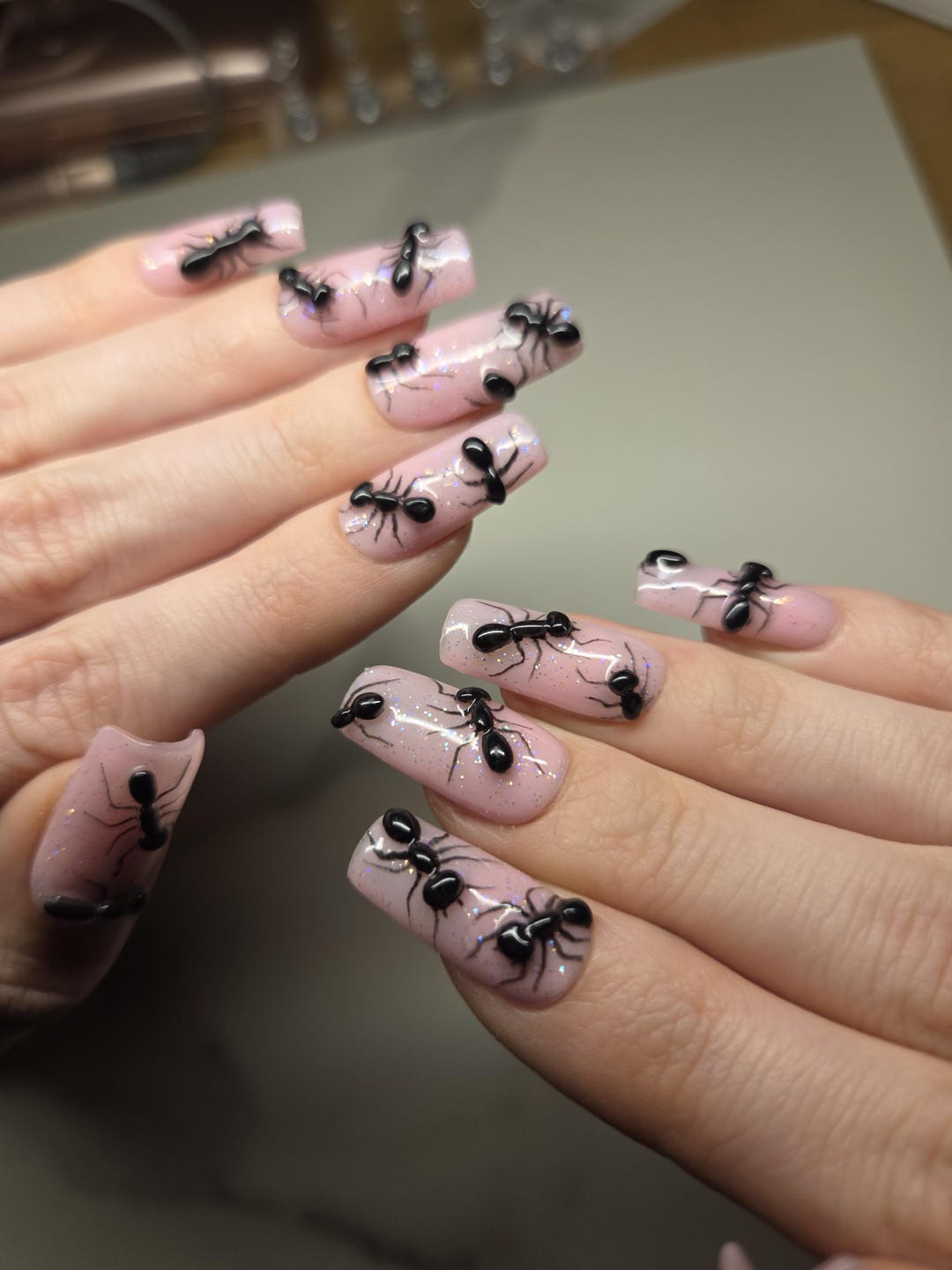Ant Covered/ Realistic Bugs / Sparkly Pink Press on Nails - Hand ...