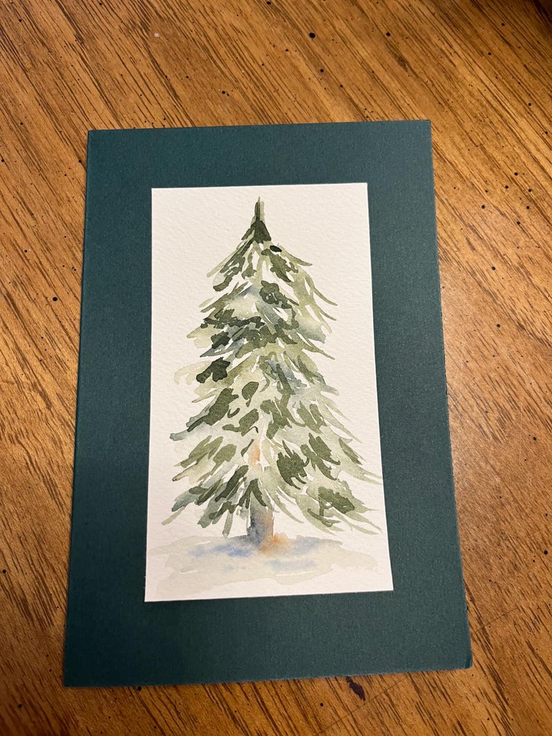 Set of 4 Christmas Tree Cards: Original Watercolor Blank Card, Homemade ...