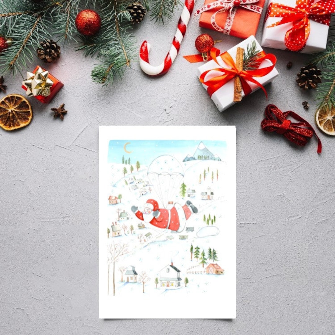 A Charming Nostalgic Santa Theme Christmas Card. Unique, Watercolor ...
