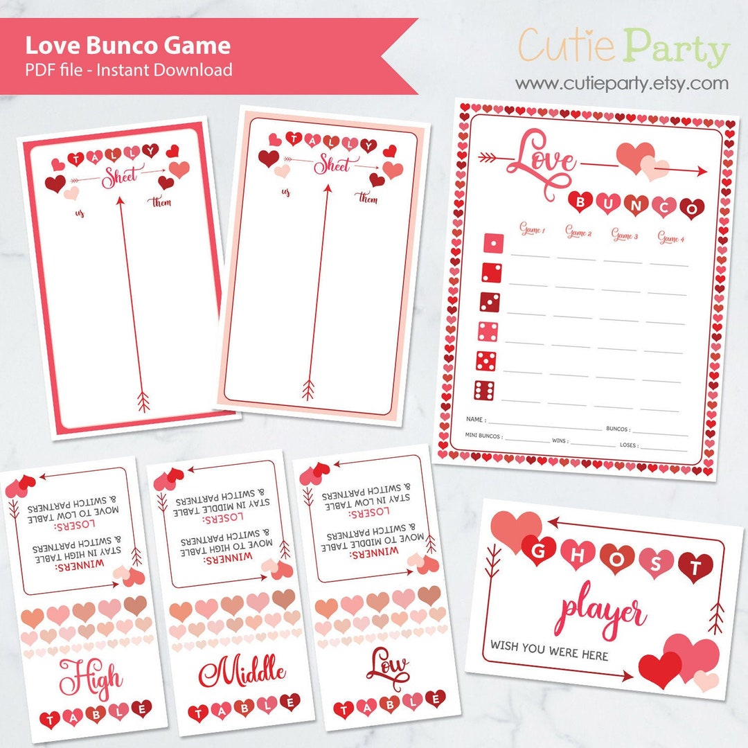 Bunco Set Printable, Valentine Day Bunco Game, Valentine Bunco Party ...