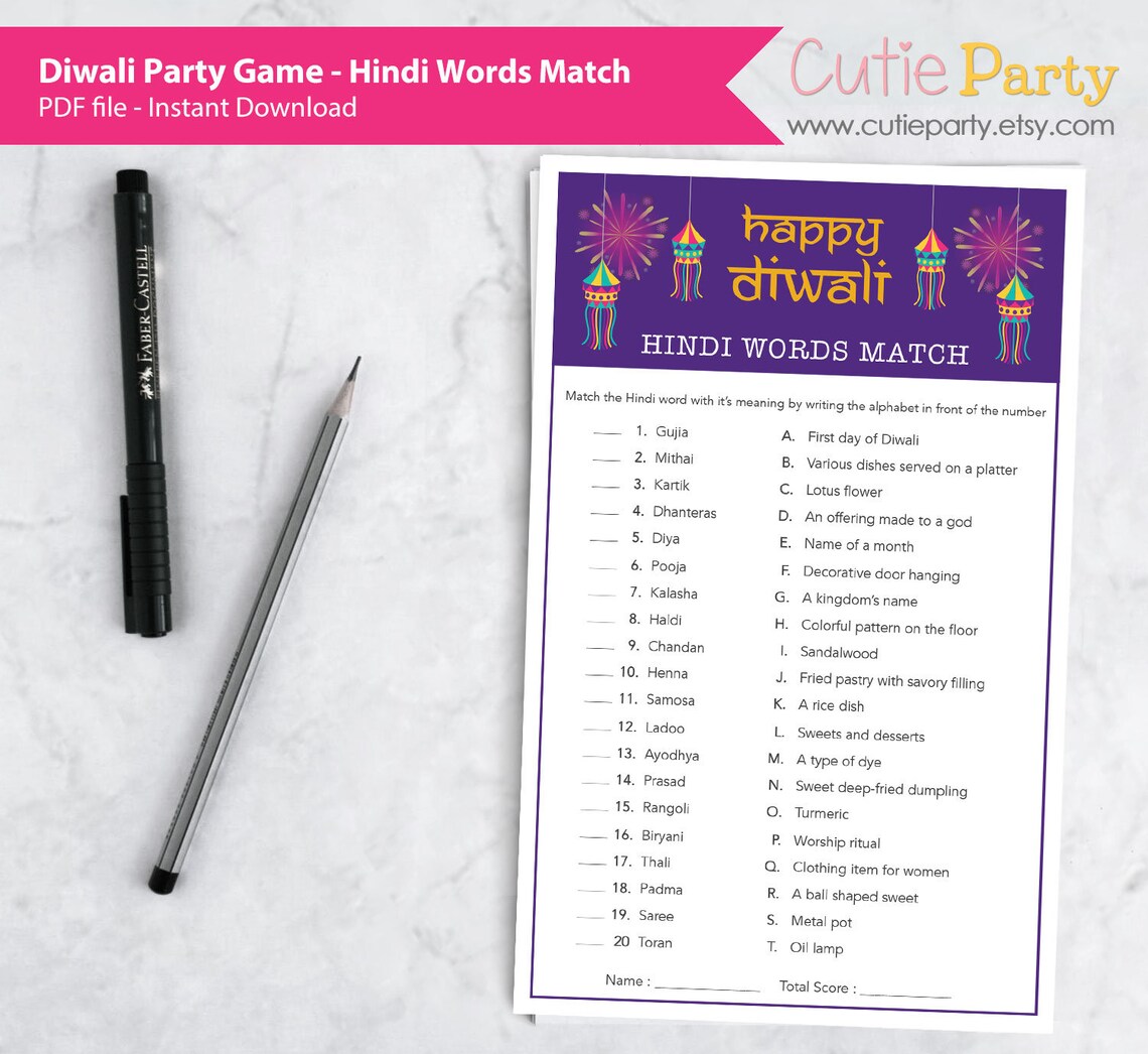 Diwali Word Match Diwali Word Game Printable Indian Party - Etsy