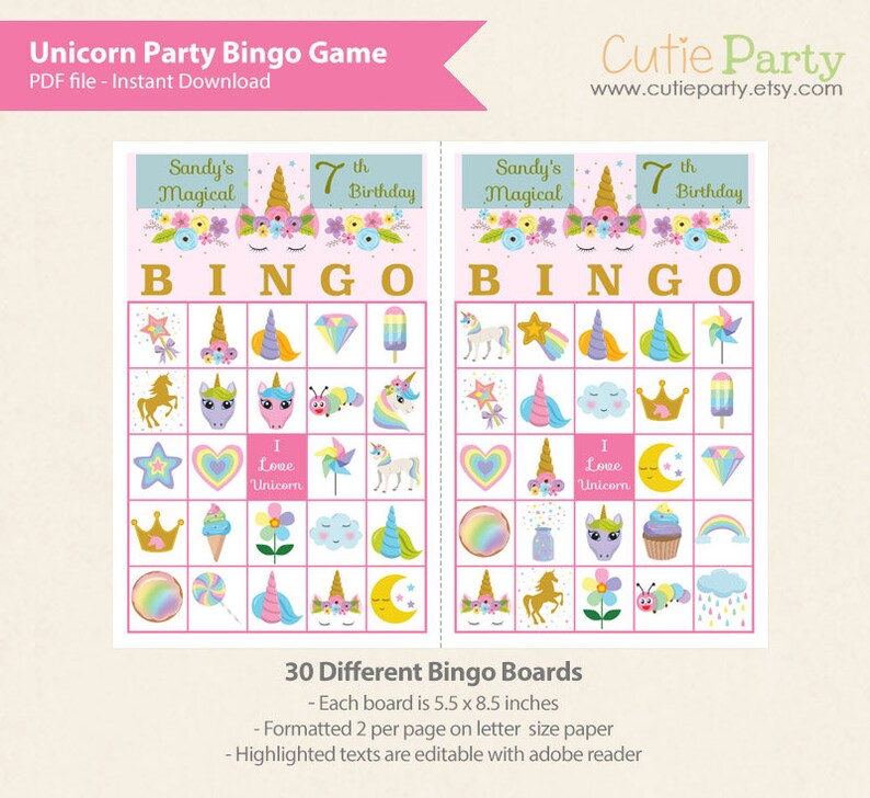 Unicorn Party Bingo Game Girl Birthday Party Bingo Game | Etsy