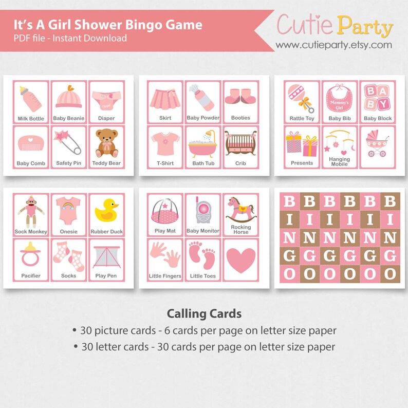 Girl Baby Shower Bingo, Girl Bingo Game, Girl Baby Shower Bingo ...