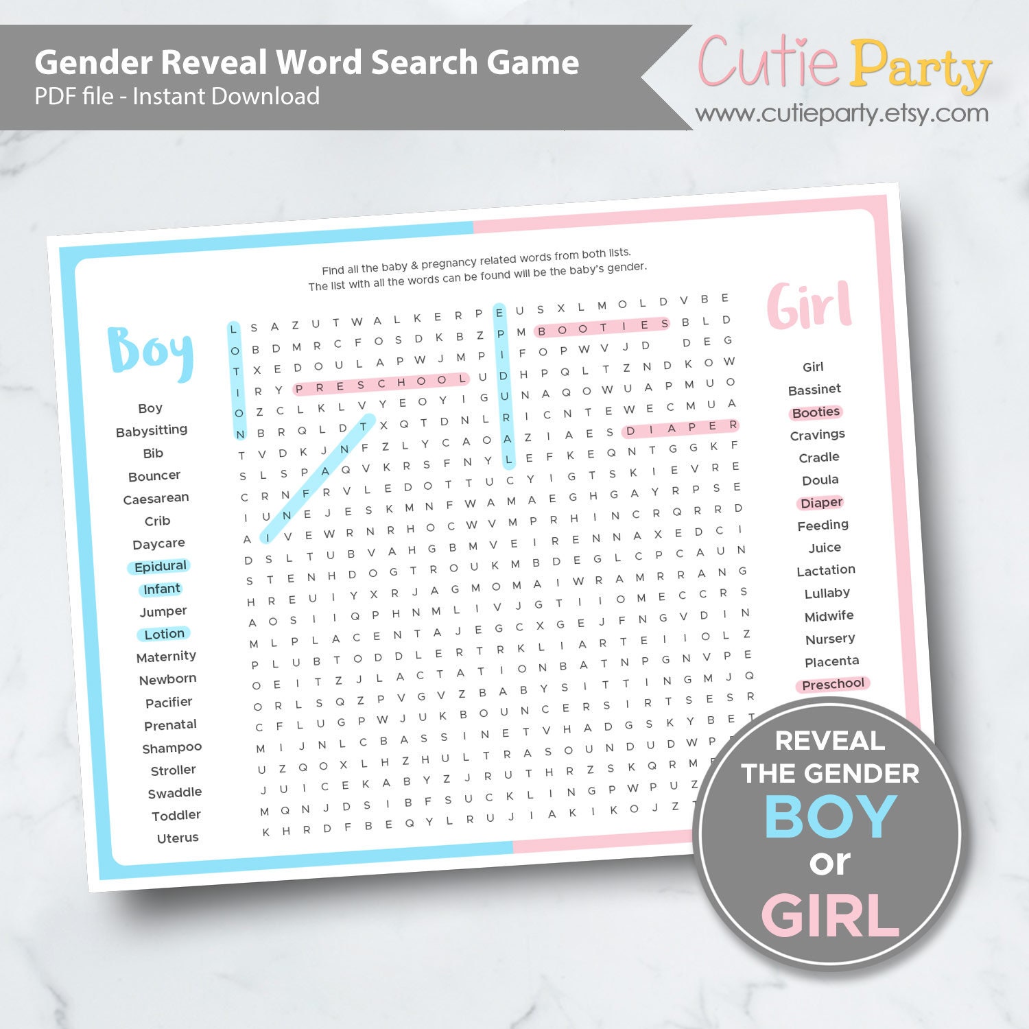 Gender Reveal Word Search Game Gender Reveal Baby Shower - Etsy