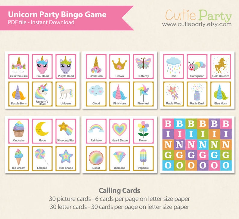 Unicorn Party Bingo Game Girl Birthday Party Bingo Game | Etsy