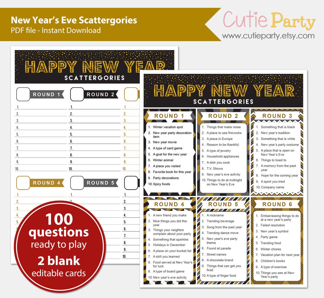 New Year Scattergories, Winter Holiday Game Template, New Year's Eve ...
