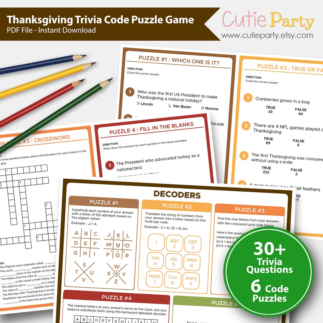 Thanksgiving Trivia Code Puzzle Game, Thanksgiving Printable Game ...