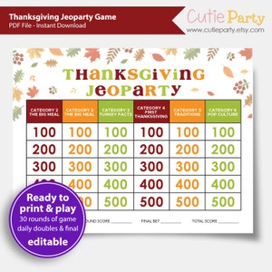 Thanksgiving Jeoparty Game, Fall Holiday Trivia, Printable Thanksgiving ...