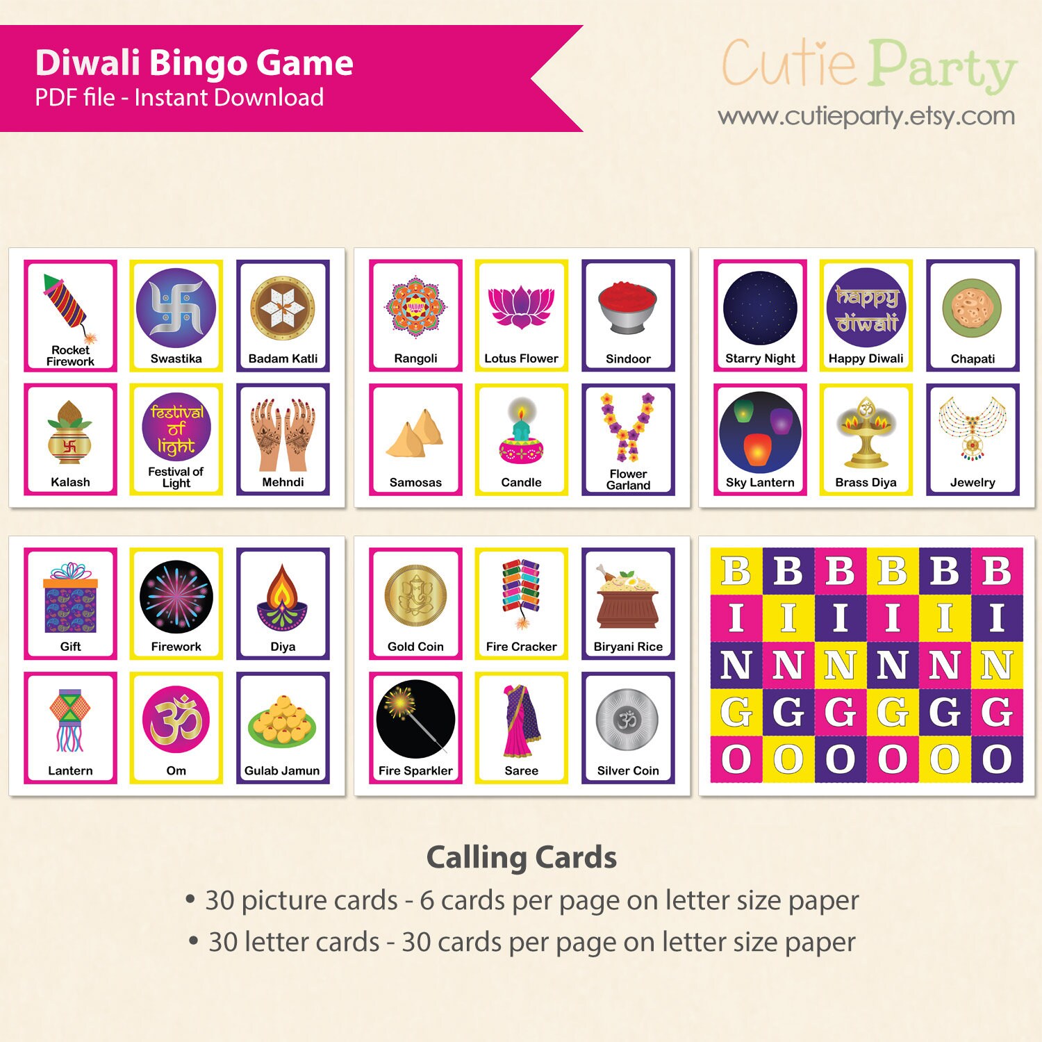 Diwali Bingo Game, Indian Holiday Party Bingo Game, Asian Holiday Bingo ...