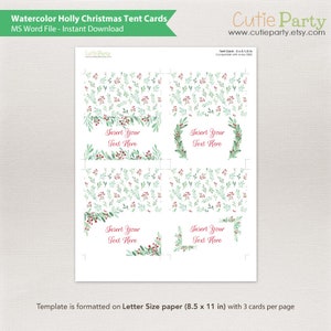Watercolor Christmas Tent Card, Holly Christmas Party Printable ...